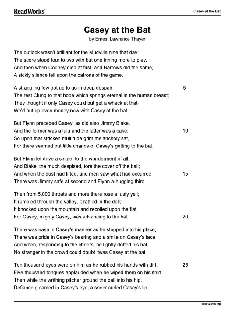 Casey at The Bat Poem and Questions Worksheet | PDF