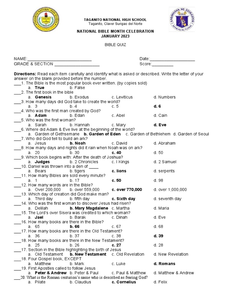 Bible Quiz With Answer | PDF | Gospel Of Matthew | Adam And Eve