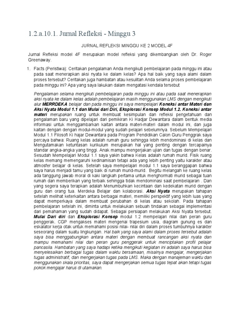 Refleksi Pembelajaran Model 4F Minggu 3 | PDF | Karier & Perkembangan ...
