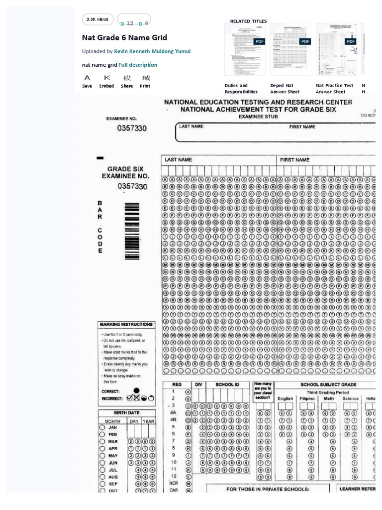 Grade 6 NAT Name Grid Template | PDF