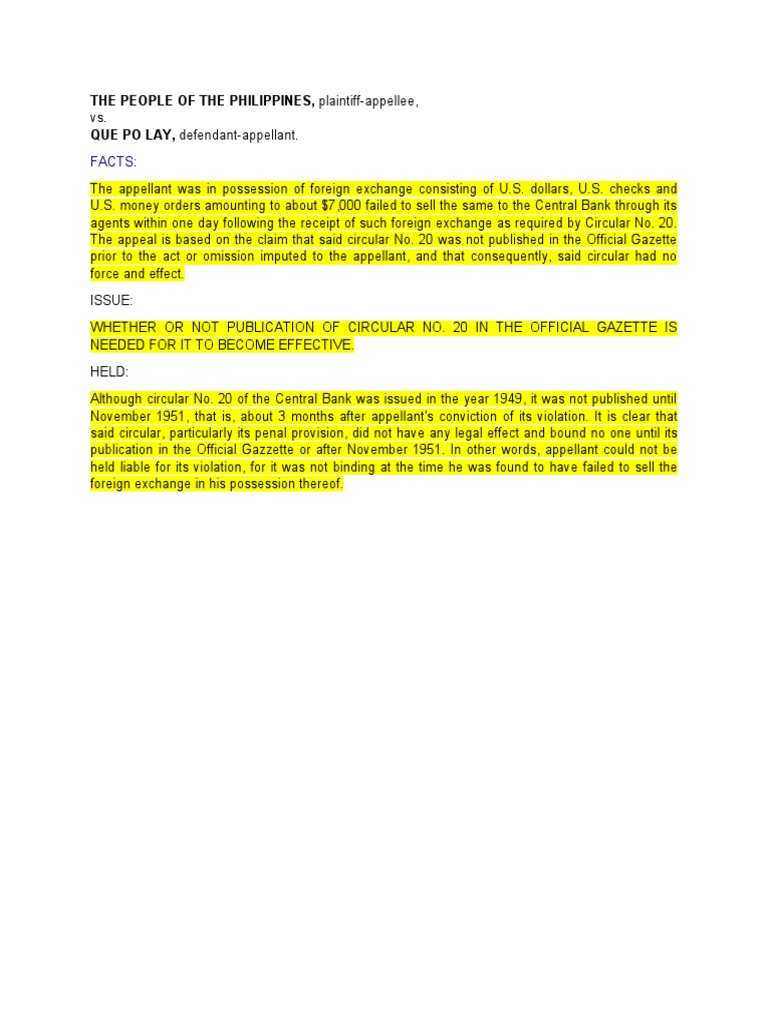 People v. Que Po Lay Case Summary | PDF