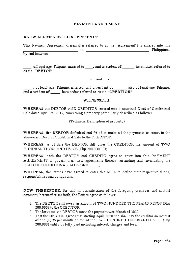 Payment Agreement | PDF | Debtor | Creditor