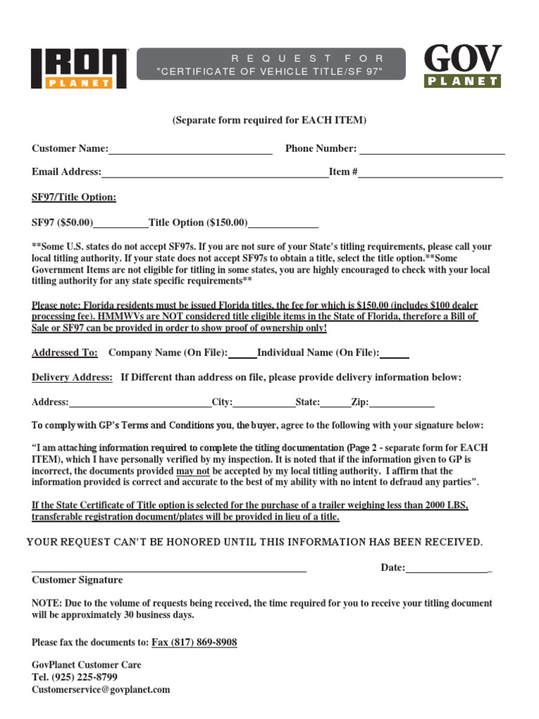 Request For Title-SF 97 | PDF | Vehicles | Transport