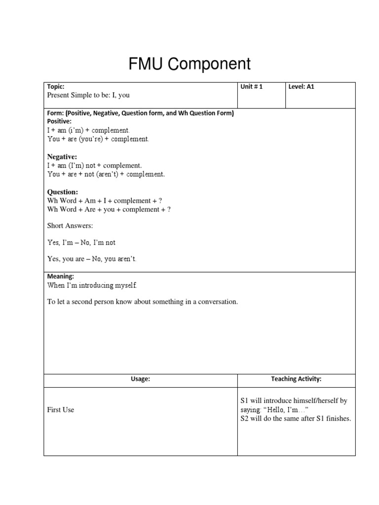 FMU 1 - Present Simple To Be I and You Unit 1 | PDF