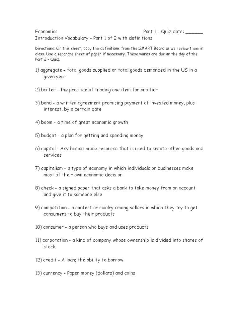 Econ - Introduction - Basic Economic Terms - P1 With Definitions | PDF ...