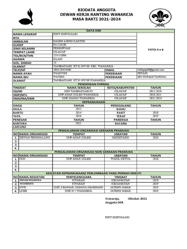 Formulir Biodata DKR 2 Pipit | PDF