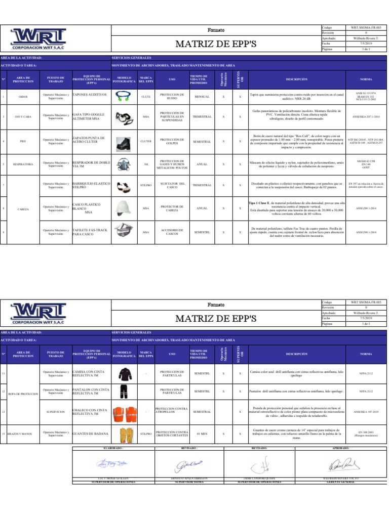 Matriz EPP servicios generales | PDF | Casco | Materiales