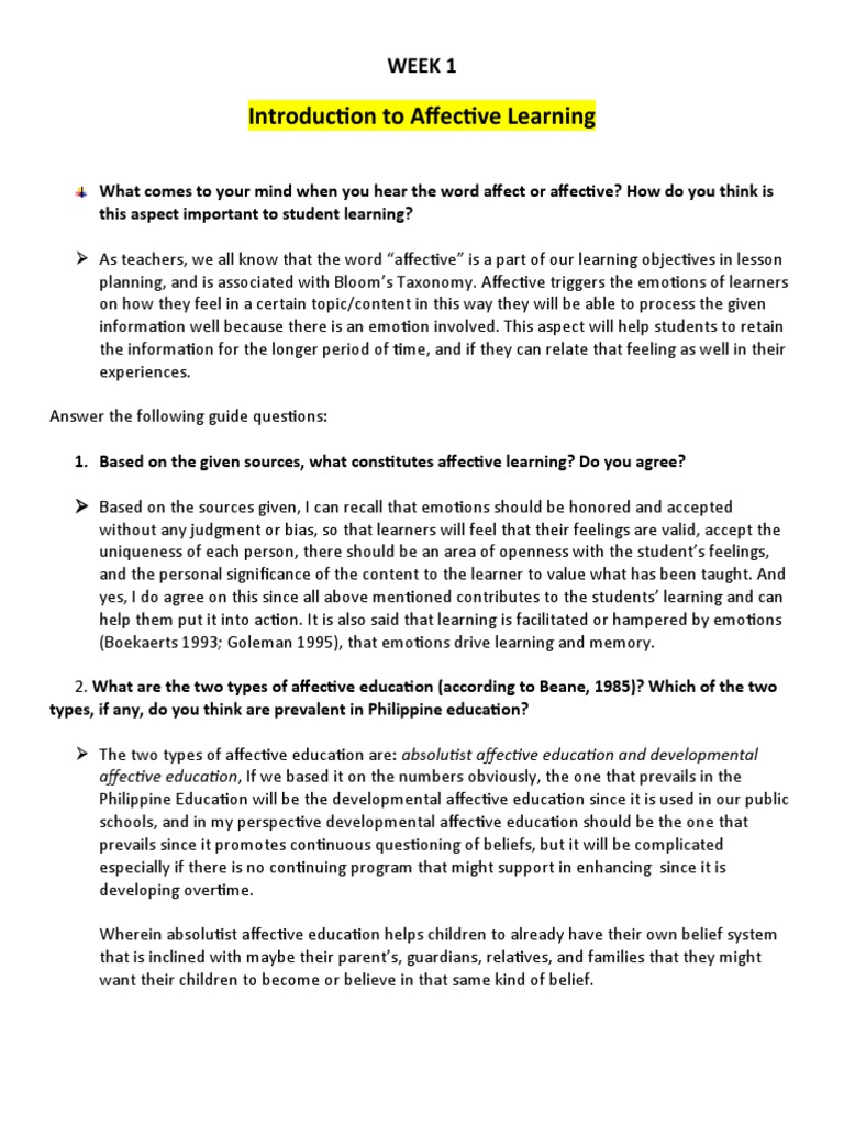 WEEK 1 EDFD 206 Output Affective Learning | PDF