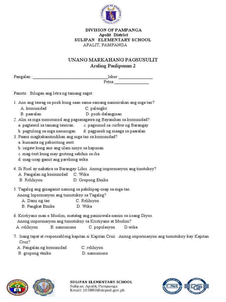 1st Periodical Test Apan Grade 2 | PDF