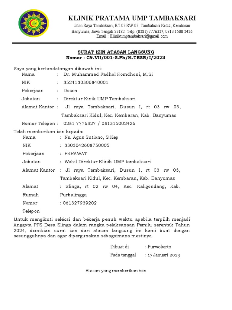 Surat Ijin Atasan Langsung | PDF