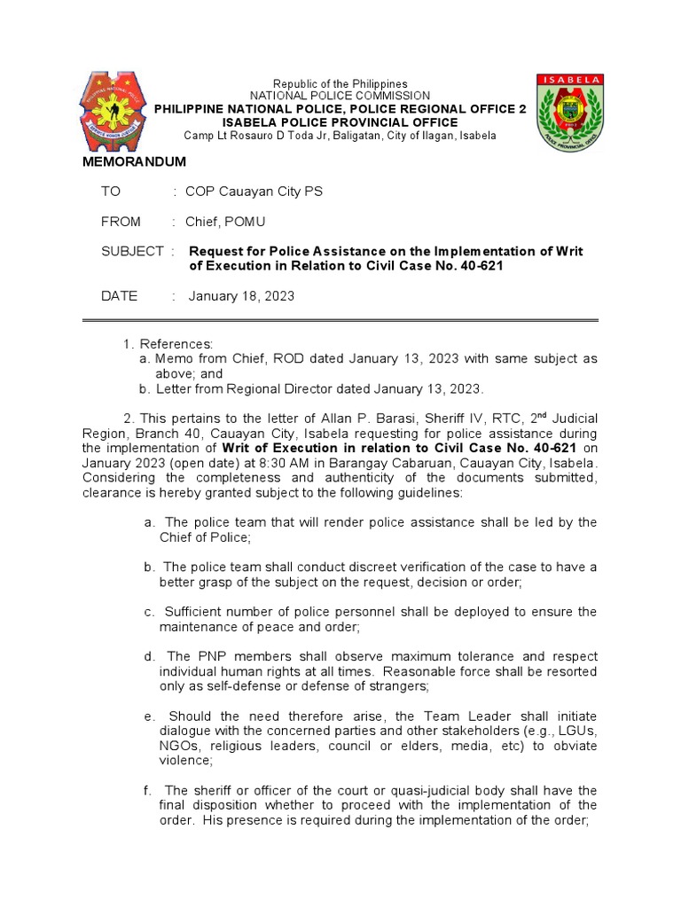 Police Assistance for Writ Execution | PDF | Public Law | Government