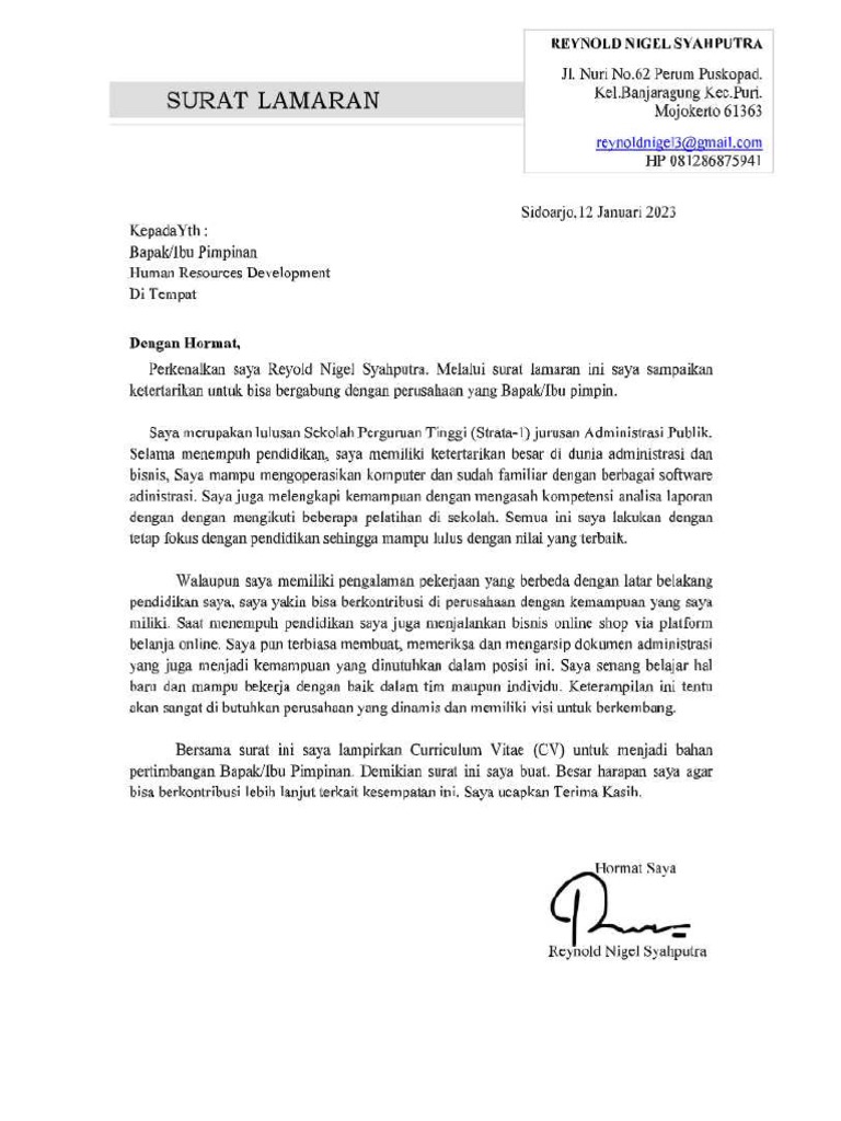 CV - Reynold Nigel Syahputra | PDF