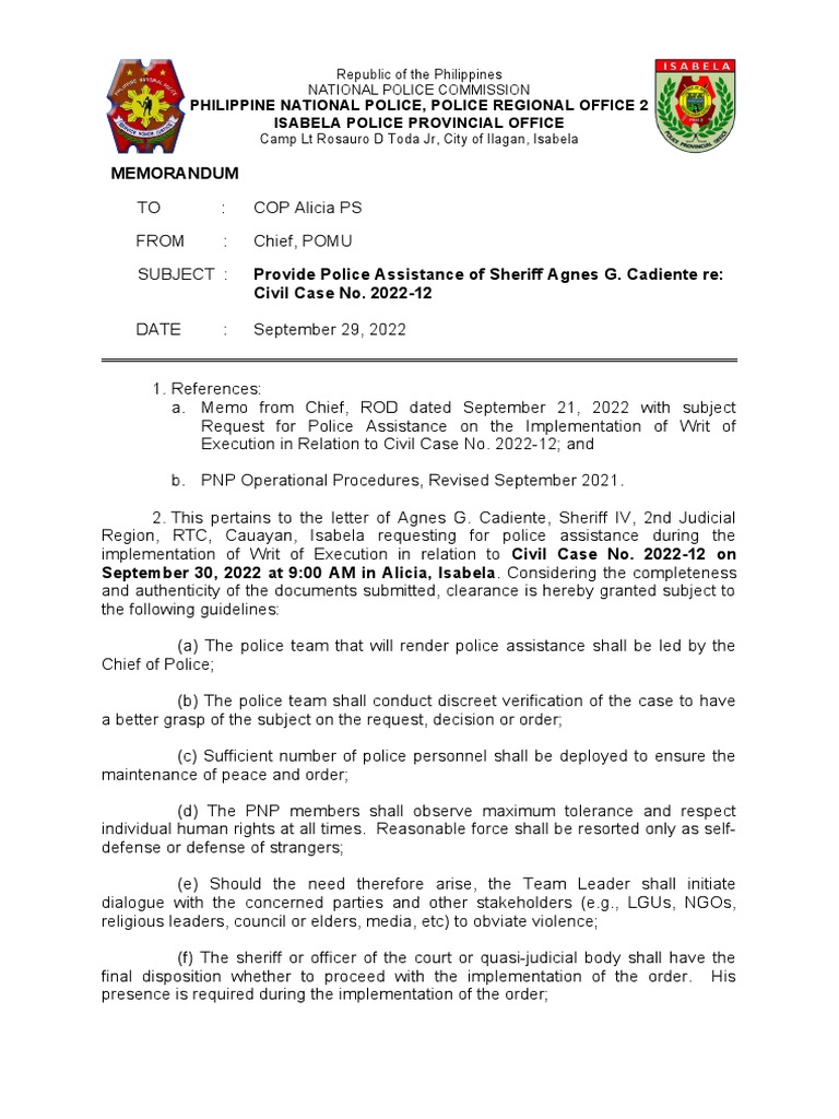 Police Assistance To Sheriff Cadiente CC No. 2022-12 | PDF | Justice ...