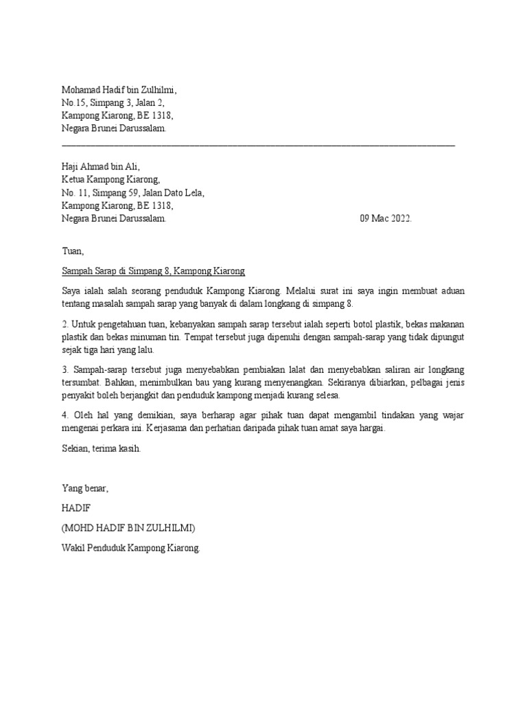 Contoh Format Surat Kiriman Rasmi Aduan | PDF