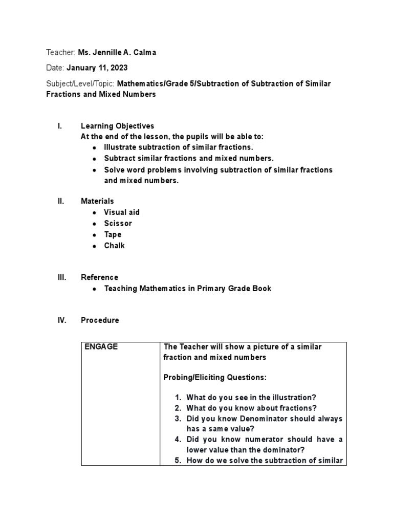 TMTH1 Lesson Plan Subtraction of Similar Fraction and Mixed Numbers ...