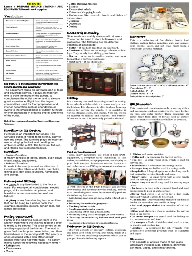 PREPARE SERVICE STATIONS AND EQUIPMENT Utensils and Supplies NOTES ...
