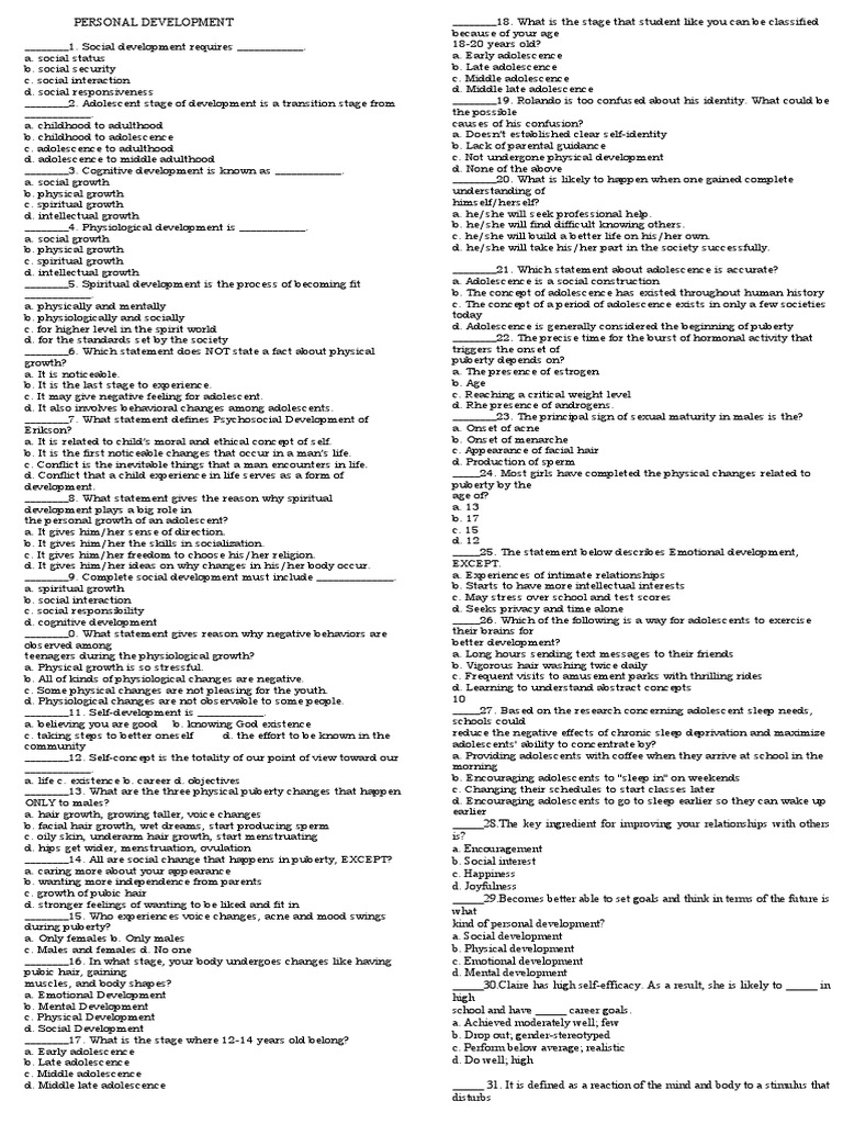 Personal Development Pre Test | PDF