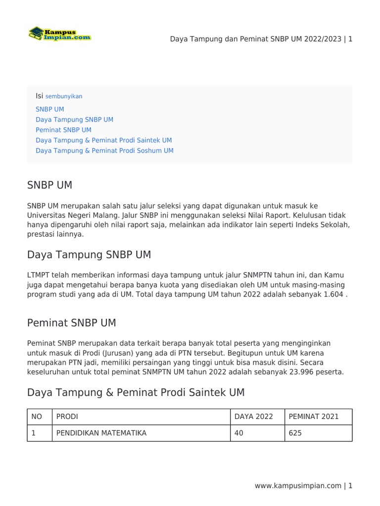 Daya Tampung Dan Peminat SNBP UM 2022 - 2023 | PDF