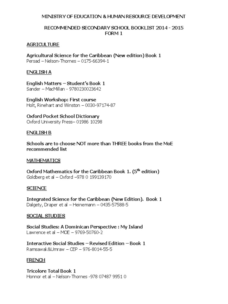 Secondary School Booklist 2014 2015 Compress | PDF | Home Economics ...