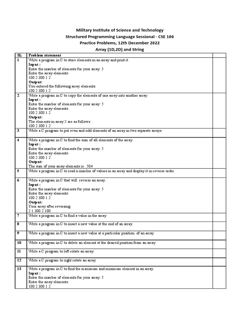 Array 1d 2d String Practice Problems Cse 106 Pdf Matrix Mathematics String Computer