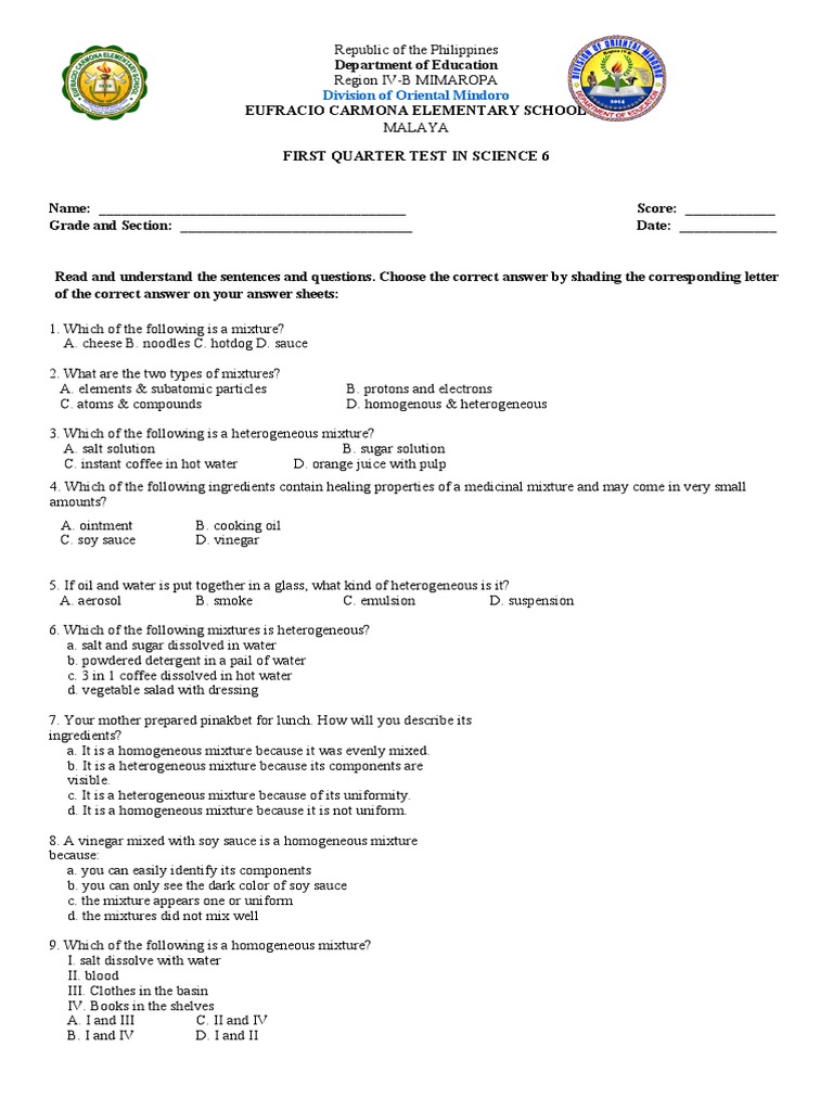 Periodical Test - SCIENCE 6 - Q1 Remedial | PDF | Mixture | Solubility
