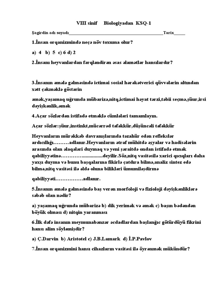 VIII Sinif Biologiyadan KSQ | PDF