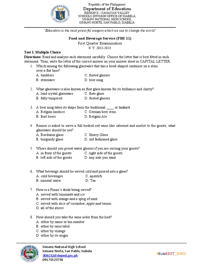 Grade 11 Q1 Exam FINAL Food and Beverages Services | PDF | Restaurants ...