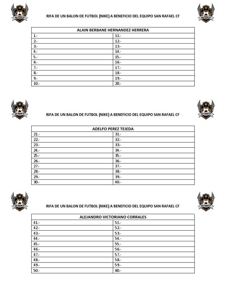 Lista para Rifa | PDF | Asociación de Futbol | Códigos de fútbol