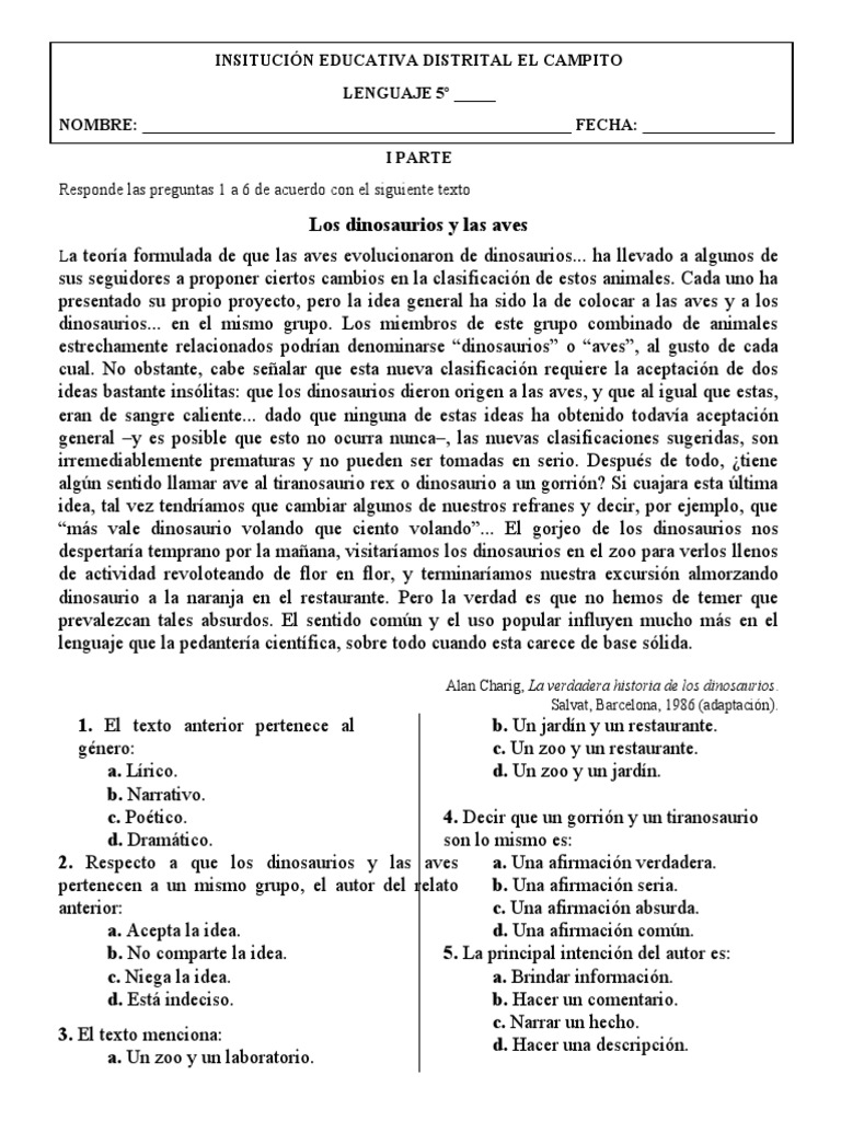 Comprension Lectora dinosaURIOS Y ORACION | PDF | Dinosaurios | Aves