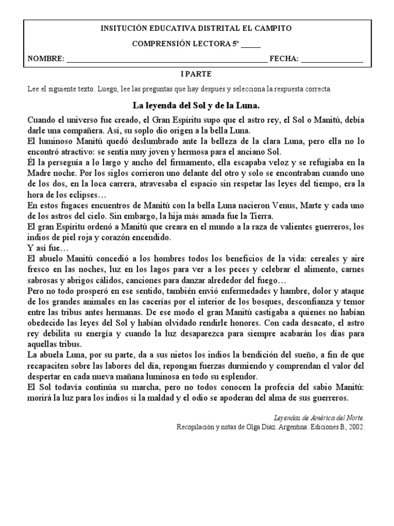 Comprension Lectora La Leyenda Del Sol y de La Luna | PDF | Luna | Dom