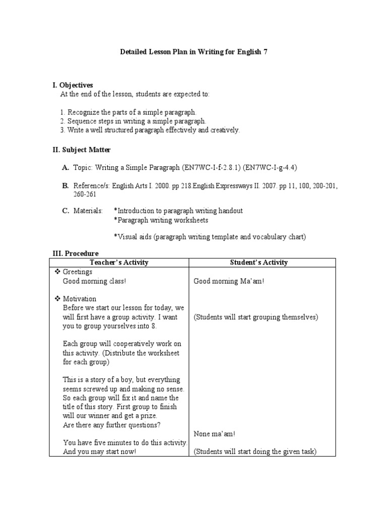 Detailed Lesson Plan in Writing for English 7 | PDF | Lesson Plan ...
