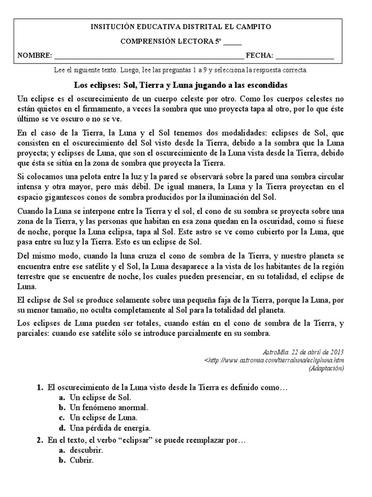 Compresnión Lectora Los Eclipses Sol, Tierra y Luna | PDF | Luna | Eclipse
