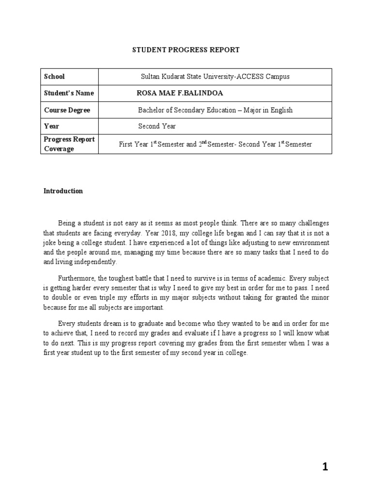 Progress Report | PDF | College | Academic Term