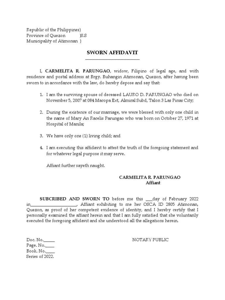 Affidavit of Surviving Spouse in Quezon | PDF | Politics | Law