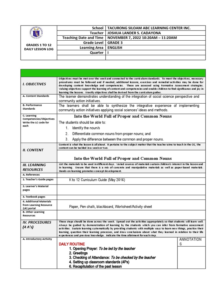 Common and Proper Nouns Lesson Plan | PDF | Learning | Teachers