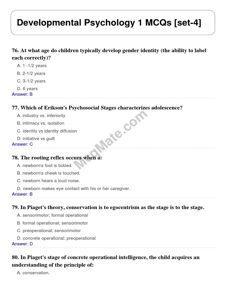Developmental Psychology MCQs Set 4 | PDF | Developmental Psychology ...