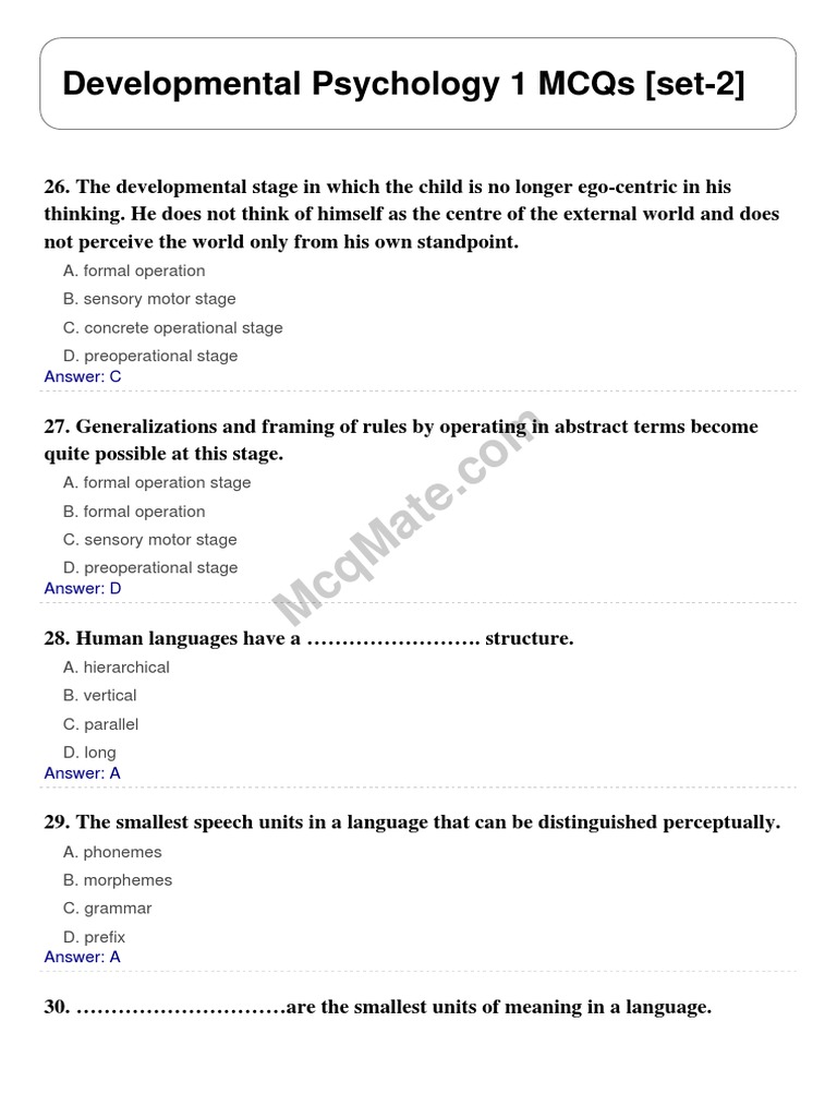 Developmental Psychology MCQs Set 2 | PDF | Attachment Theory | Psychological Theories