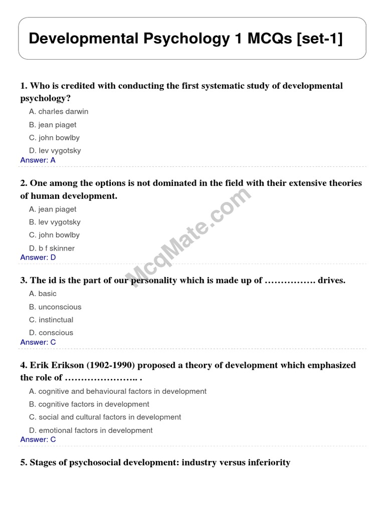Developmental Psychology 1 Solved MCQs (Set-1) | PDF | Developmental ...