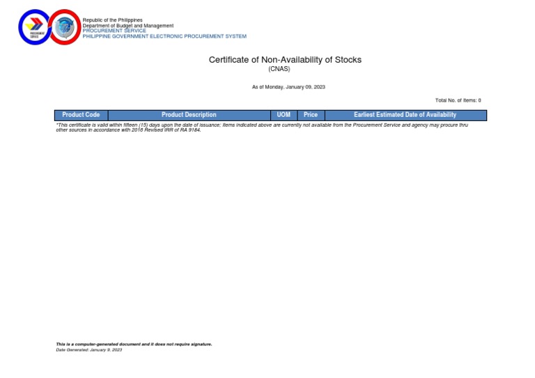 Certificate of Non-Availabilty o Stock As of January 9, 2023 | PDF