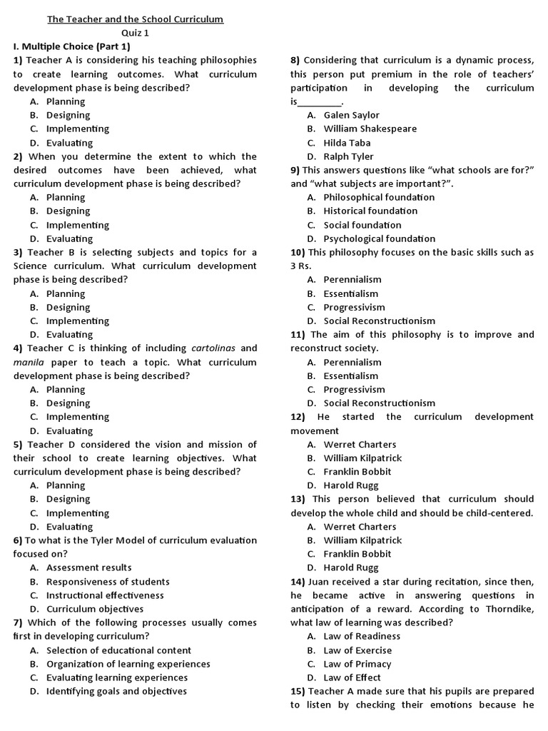 The Teacher and The School Curriculum Quiz 1 | PDF | Curriculum | Teachers