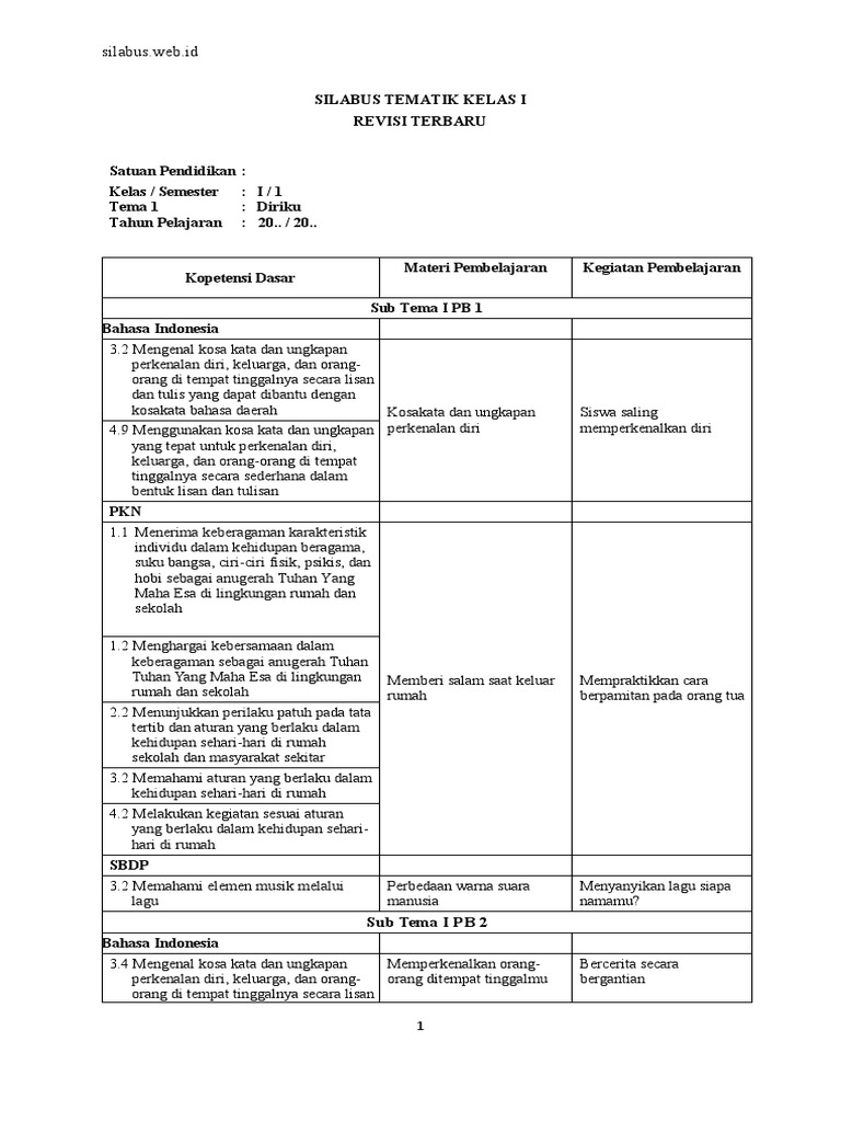 Silabus Kelas 1 Semester 2 | PDF