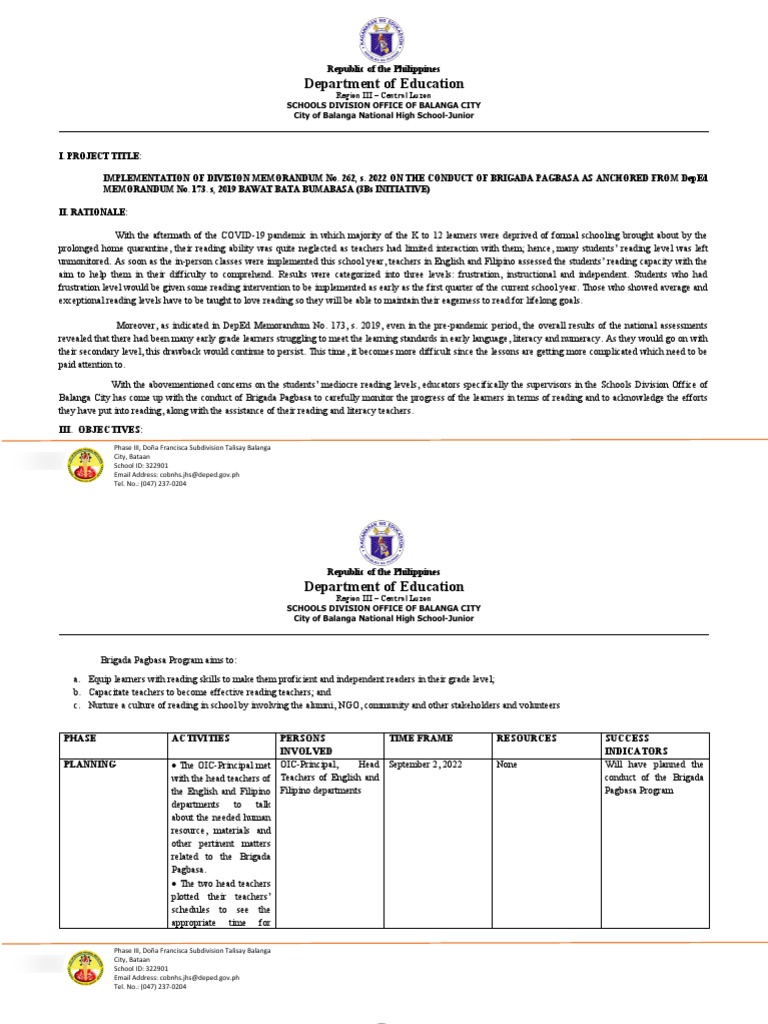 Project Proposal For Brigada Pagbasa Sy 2022 2023 | PDF | Teachers | Philippines