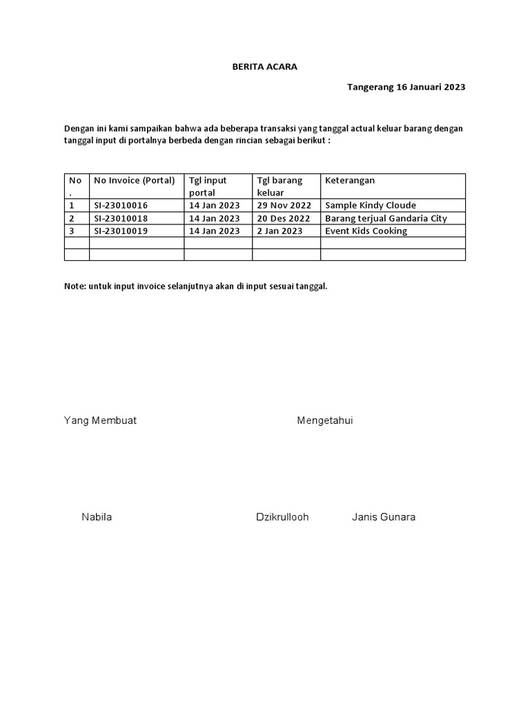 Berita Acara Ganti Tanggal Invoice | PDF