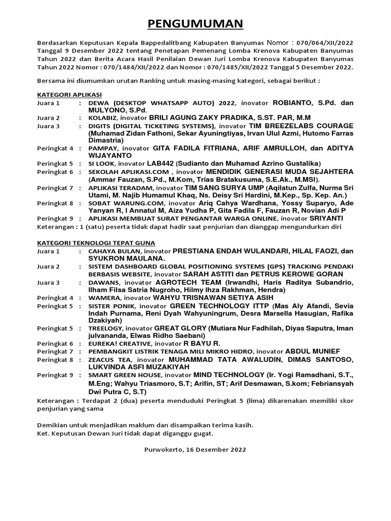 Pemenang Lomba Krenova Banyumas 2022 | PDF