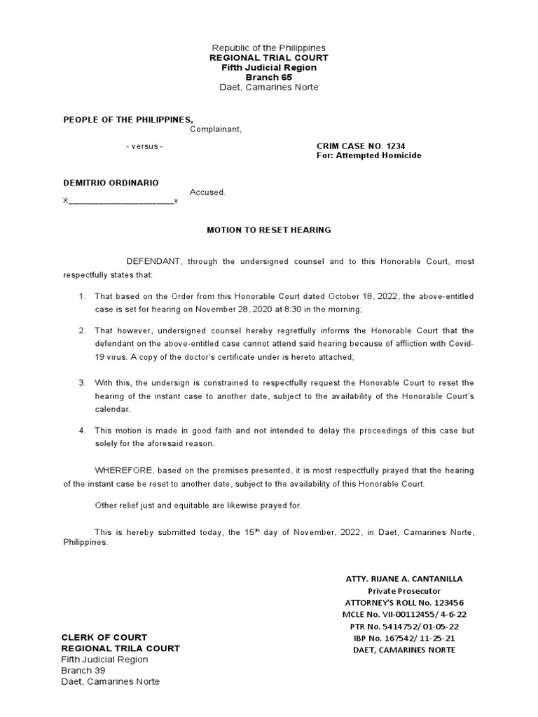Motion To Reset Hearing | PDF | Prosecutor | Legal Procedure