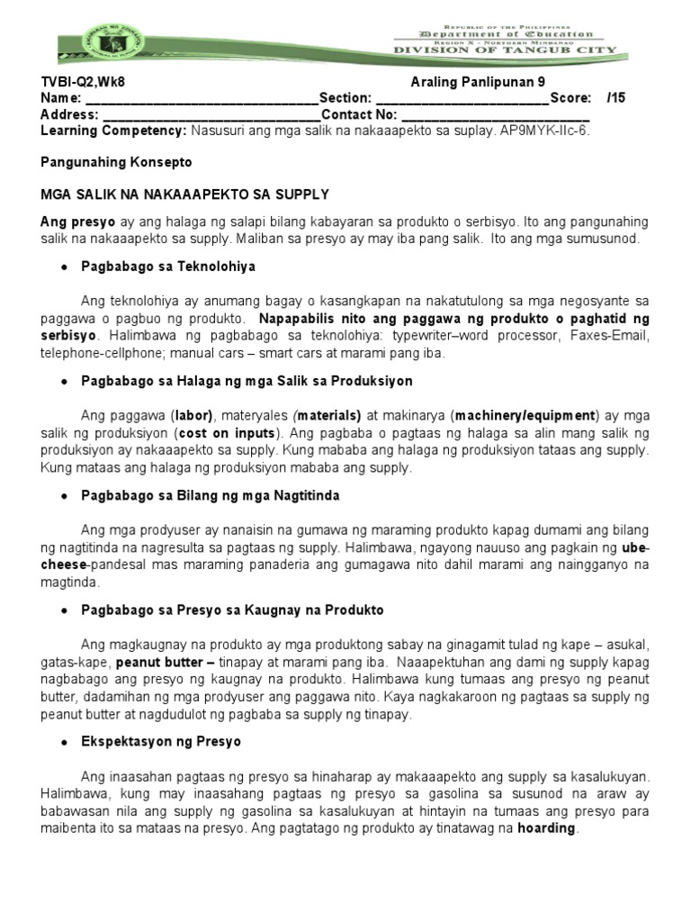 Araling Panlipunan 9 Q2 Episode 8 Activity Sheet | PDF