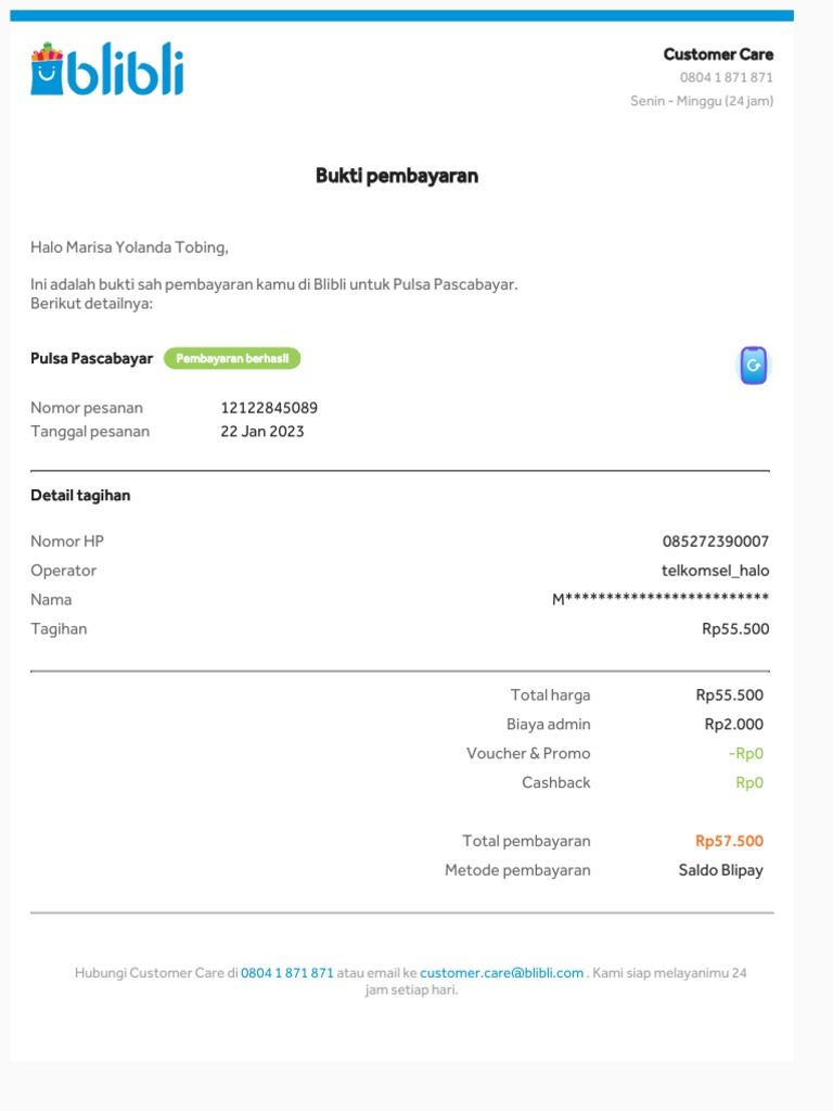 Blibli Invoice Pulsa Pascabayar 12122845089 | PDF