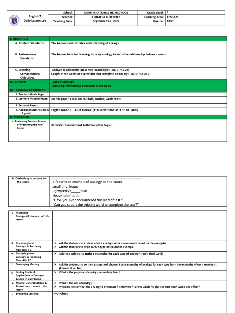 Analyzing Analogies: A Daily Lesson Log on Teaching Types of Analogies ...