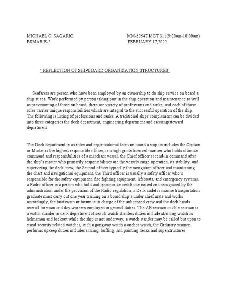 Reflection of Shipboard Organization | PDF | Sailor | Sea Captain
