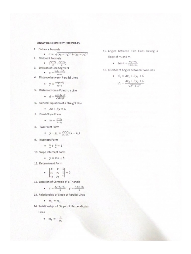 Analytic Geometry Formulas Pdf